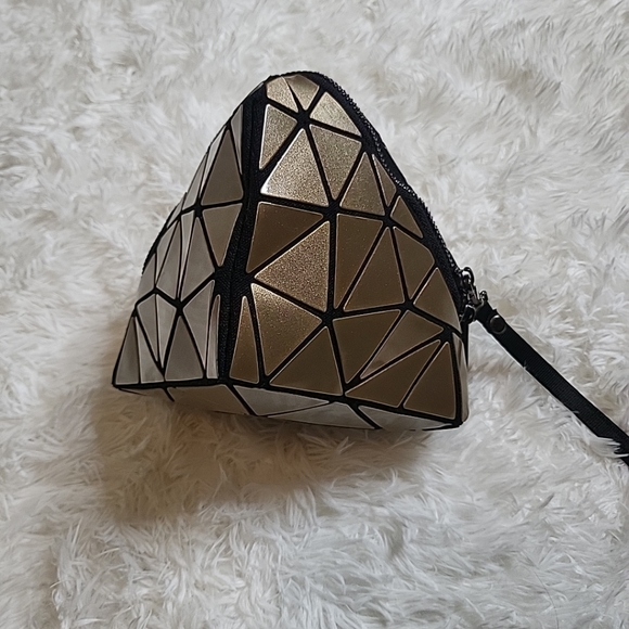 Bags | Slanted Triangle Gold Black Makeup Bag Zippered Pouch Case ...